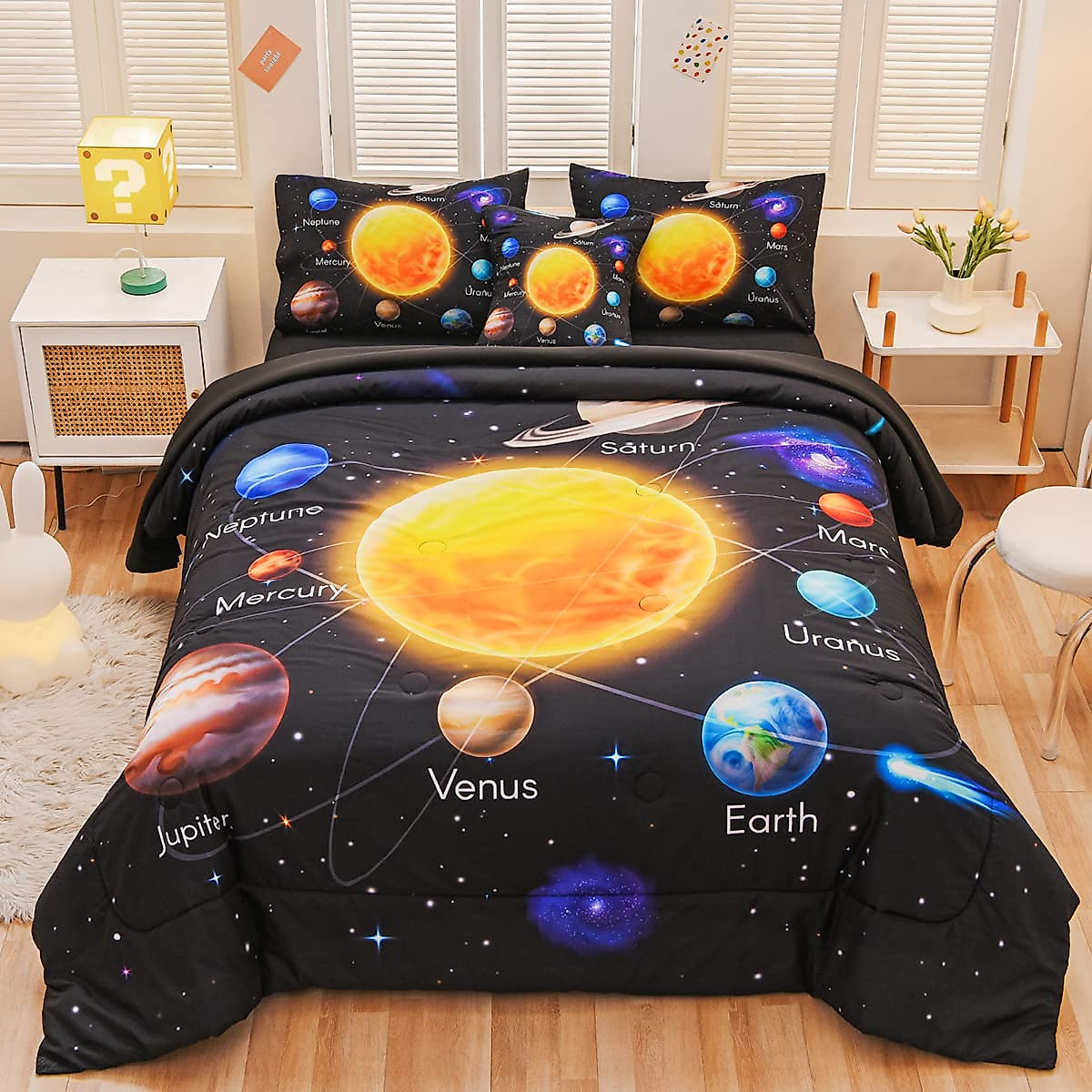 Tasselily Twin Size Comforter Sets for Boys, Space Bedding Set Twin Bed in a Bag, 6 Pcs Universe Planet Galaxy Comforter Set with Sheets
