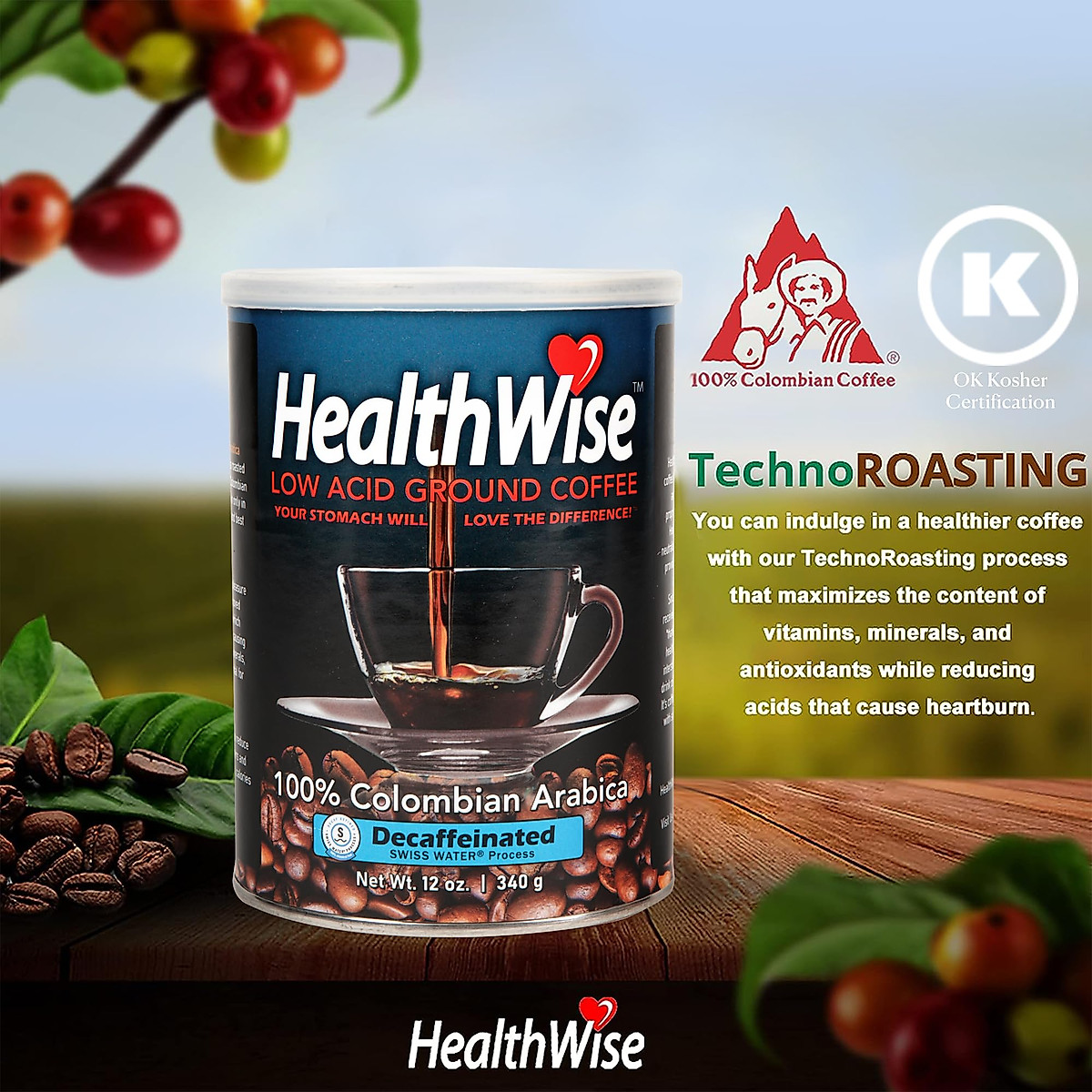 HealthWise Low Acid Swiss Water Decaffeinated Coffee, 100% Colombian Decaf Supremo, 12 Ounce