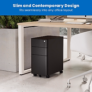 Mount-It! Slim Rolling Under Desk Cabinet, Mobile Filing Cabinet with 3 Drawers and Lock for Home & Office Storage, Black