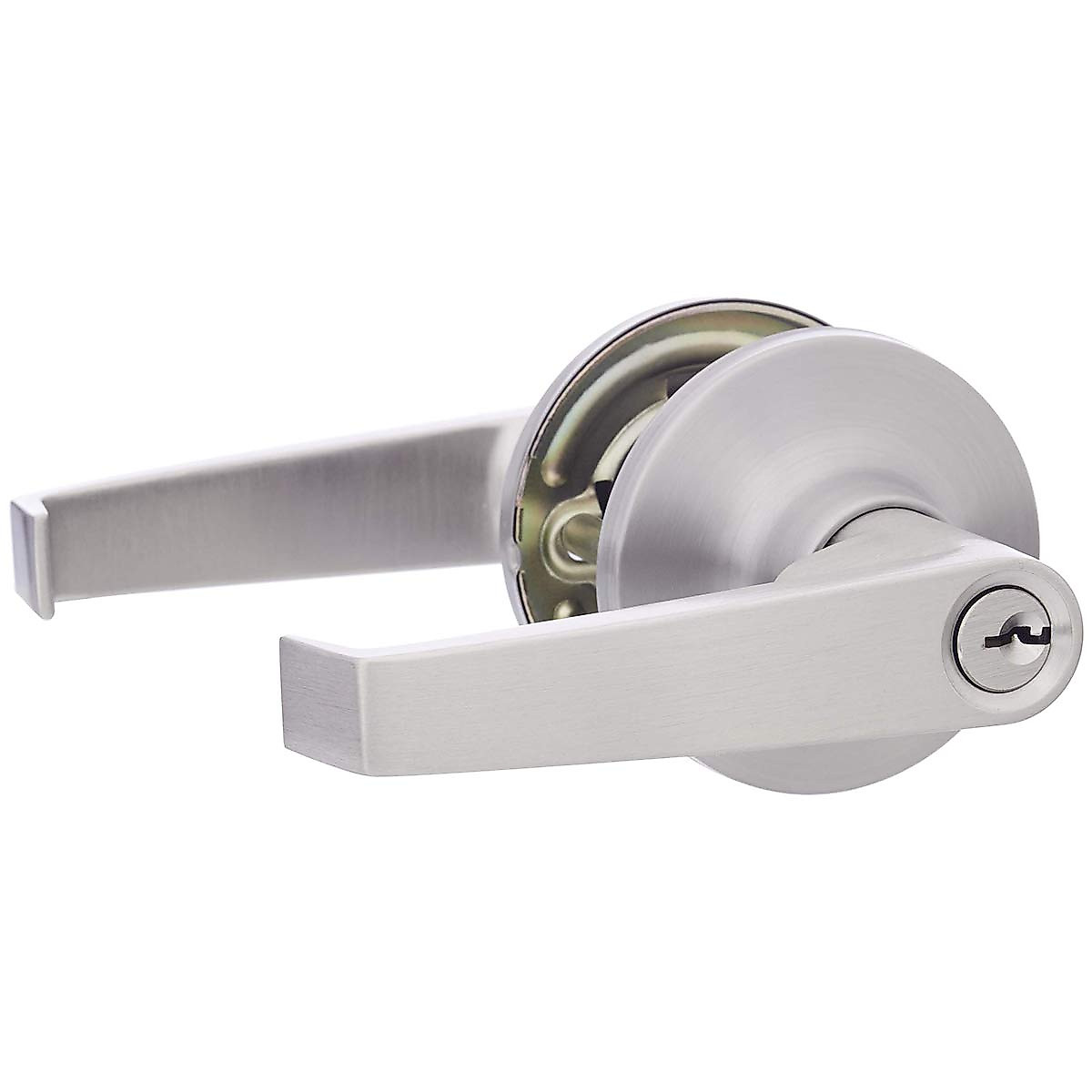Amazon Basics Exterior Door Lever With Lock, Hook, Satin Nickel