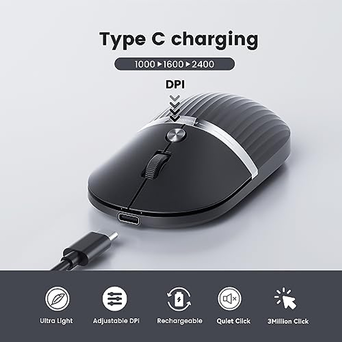 ProtoArc USB C Wireless Bluetooth Mouse, Multi-Device HubMouse for Business and Travel with Type C Hub Portable Silent Rechargeable Laptop Mouse for iPad, Tablet, MacBook, Surface Pro-Dark Gray