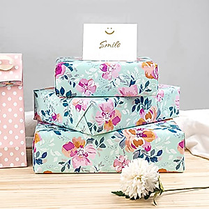 LeZakaa Reversible Floral Wrapping Paper Jumbo Roll - Flower in Blue & White Dot in Pink - 24 inches x 100 Feet (200 sq.ft.)