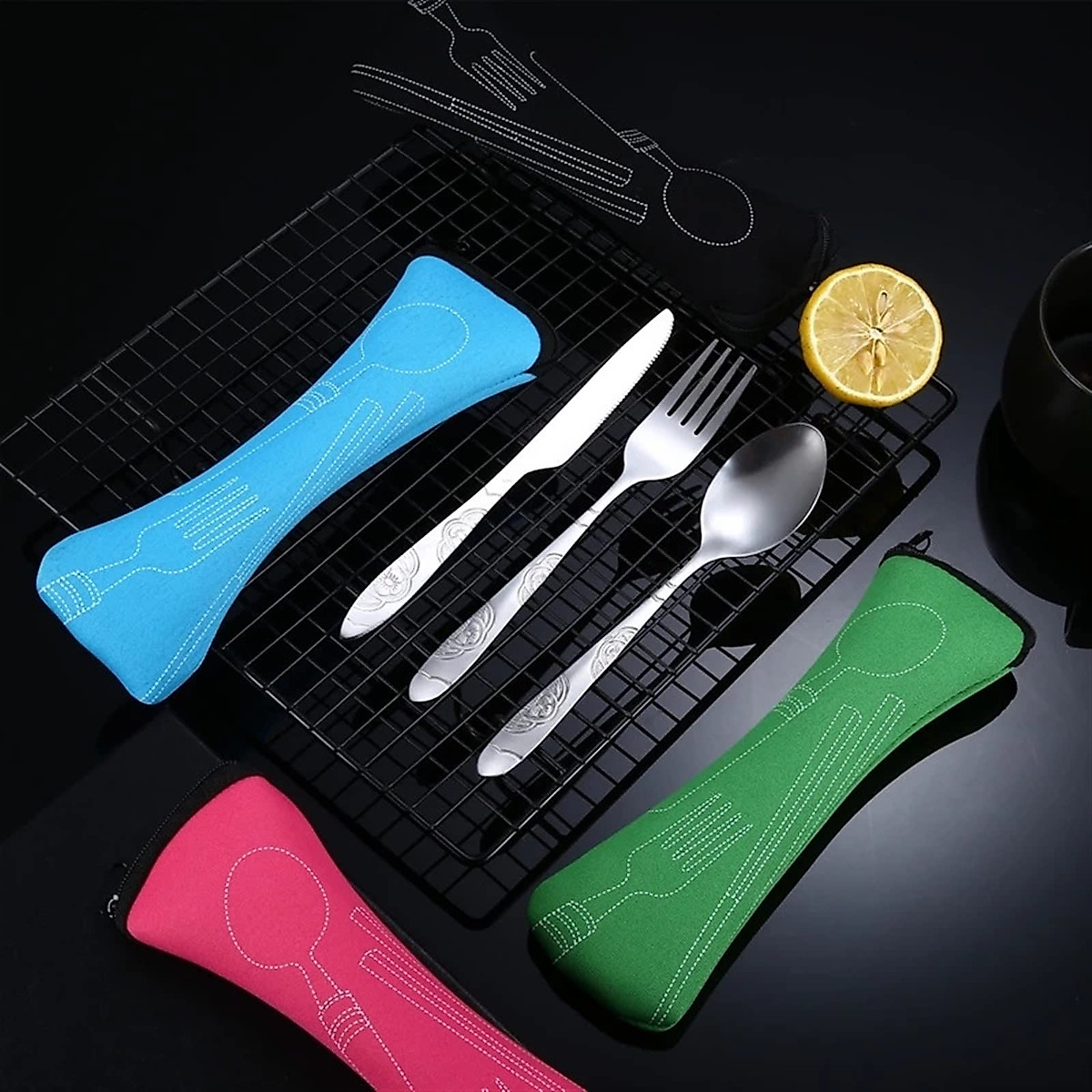 MEGTRI Kitchenutensils 3pcs/bag Steak Knife Travel Cutlery Set Portable Printed Stainless Steel Spoon Fork