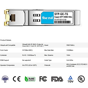 SFP to RJ45 for Cisco GLC-T GLC-TE SFP-GE-T Ubiquiti Unifi UF-RJ45-1G Netgear AGM734 D-Link DGS-712 Finisar FCLF852XP2BTL 1000BASE-T SFP Mini GBIC Copper RJ-45 100m Transceiver Module
