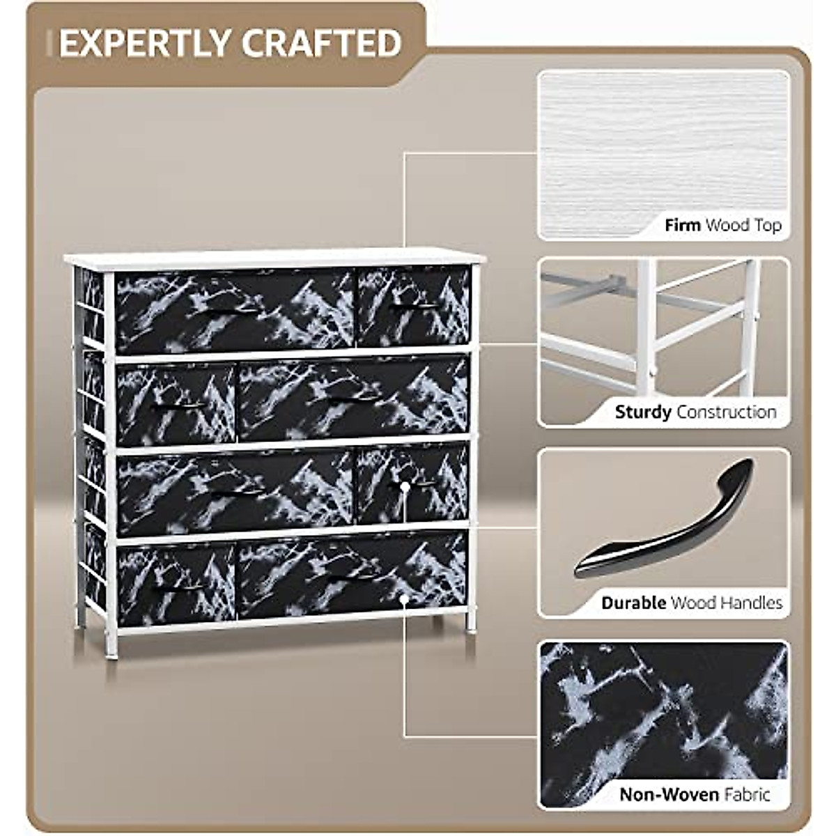 Sorbus Dresser for Bedroom with 8 Drawers - Tall Chest Storage Tower Unit, for Closet, Hallway, Nursery, Entryway Organization - Steel Frame, Wood Top (Marble Black – White Frame)