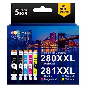 PGI-280XXL CLI-281XXL 5 Pack Compatible 280 281 Ink Cartridge Replacement for Canon 281 Ink cartridges Canon 280 Ink Use to PIXMA TS6120 TR7520 TR8520 TR8500 TR8600 TR8620 TS6220 TS9120 (5 Pack)