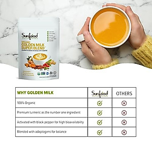 Sunfood Superfoods Golden Milk Organic Turmeric Powder | 6 oz. Bag, 56 Servings | with Ginger, Black Pepper, Maca, Goji Berry & Cinnamon | Non GMO, Vegan & Gluten Free