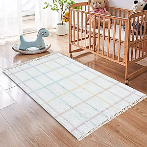 Boho Area Rug Seamless Check Windowpane Pastel Spring Summer Thin line Tartan Plaid Play Mat Runner Carpet Minimalist Room Decor Indoor Outdoor Woven Rug Entryway Laundry Room Bedroom Rug 3x5'