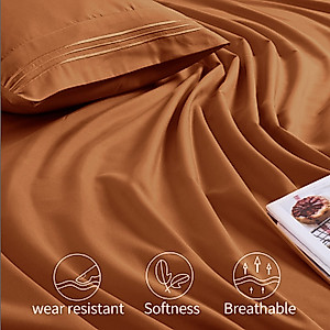 Horbaunal Extra Deep Pocket King Sheets - Fits Mattress 18-24 Inches Deep - 6 Pieces Hotel Luxury 1800 Thread Count Microfiber Sheet Set - Ultra Soft Caramel Pumpkin King Size Bed Sheets