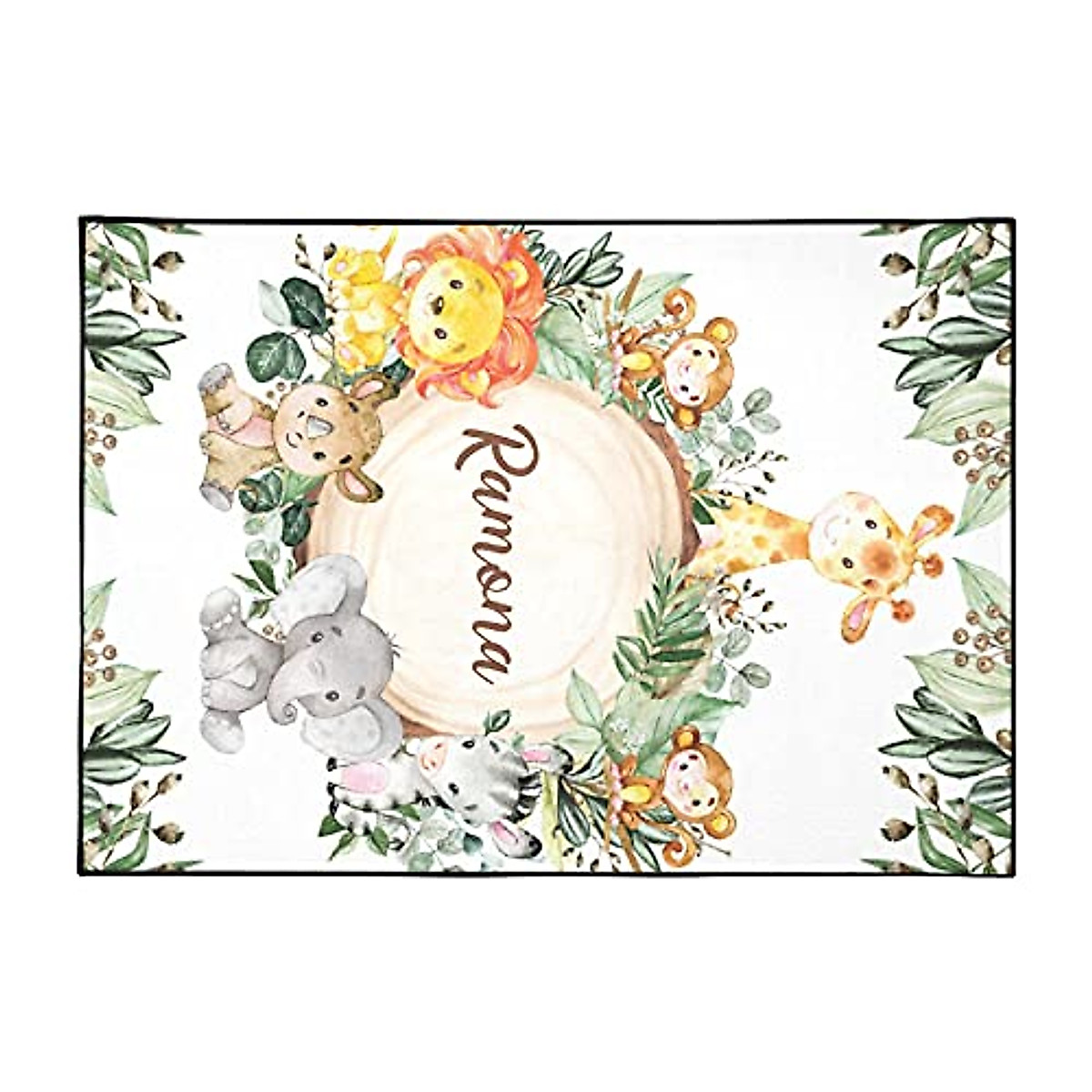 Personalized Cute Greenery Wild Jungle Safari Animals 4'x5.2' Non-Slip Area Rug with Name Text Custom Carpet Floor Mat for Bedroom Living Room Home Decoration