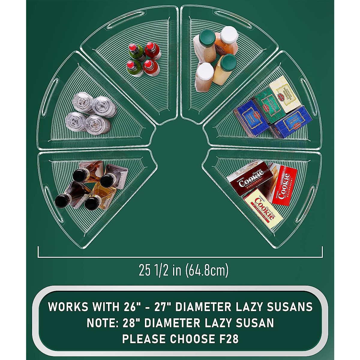 JEISSLIA Lazy Susan Cabinet Organizer Bins for 26"/ 28"/ 32" Diameter Corner Lazy Susan, Plastic Cabinet Storage Bin, 1/8 Wedge-Food Safe, BPA Free, with Non-slip Pads (For 26" Lazy Susan, 6 Pack)