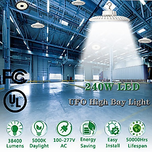 240W UFO LED High Bay Light, 38400LM 5000K White LED High Bay Light(1000W HID/HPS Equiv.) 100-277V 5ft Cord 1-10V Dimmable LED Warehouse Shop Light, IP65 Waterproof DLC ETL Certified