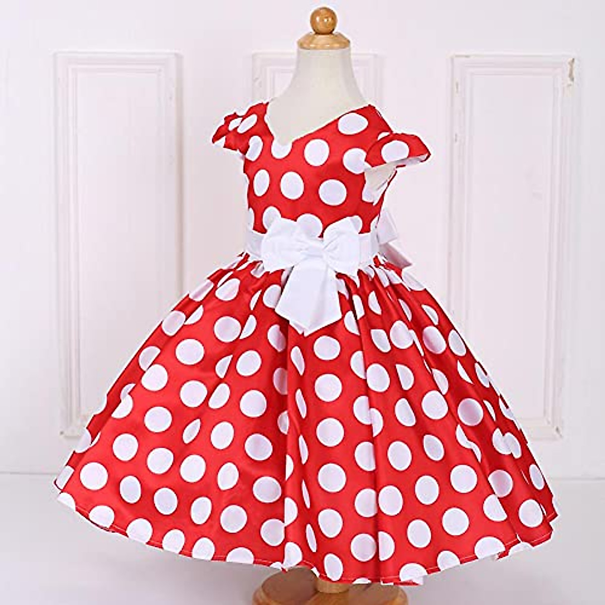 FYMNSI Toddler Girls Polka Dots Princess Birthday Party Pageant Cap Sleeve Dress with Ear Headband Outfits Red 3-4 Years