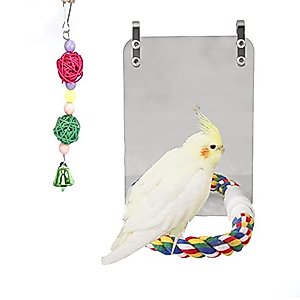 Tylu 6.6 inch Bird Mirror for Cage Parakeet Mirror with Rope Perch, Bird Cage Mirror Stand Swing Toys for Cockatiel Lovebirds Parrot Cockatoo Conures Finch Canaries, with ornaments