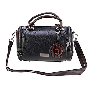 TENDYCOCO Crossbody Bag Boston Barrel Handbag with Flower Pendant for Women (Black)