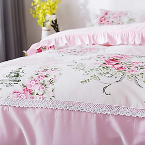 FADFAY Rosette Floral Duvet Cover Sweet Pink Girls Bedding Set 100% Cotton Ultra Soft Bed Sheets Set,5Pcs (1 Duvet Cover +1 Fitted Sheet+ 1 Flat Sheet +2 Standard Pillowcases), Twin Size