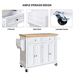 43“ Rolling Mobile Kitchen Island Cart on Wheels with Drawers, Storage Cabinet, Rubberwood Countertop and Spice/ Towel Rack, Adjustable Shelves, White