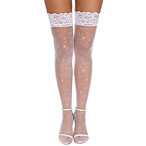 RSLOVE Women Thigh High Stocking Silicone Lace Top Pantyhose Socks Sexy Sparkly Rhinestone Fishnets Stocking White
