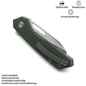 Miguron Knives M Keryx Flipper Folding Knife 3.17" Satin 14C28N Blade Green Micarta Handle With Titanium Pocket Clip Camping Hiking Pocket Knife MGR-813MGN
