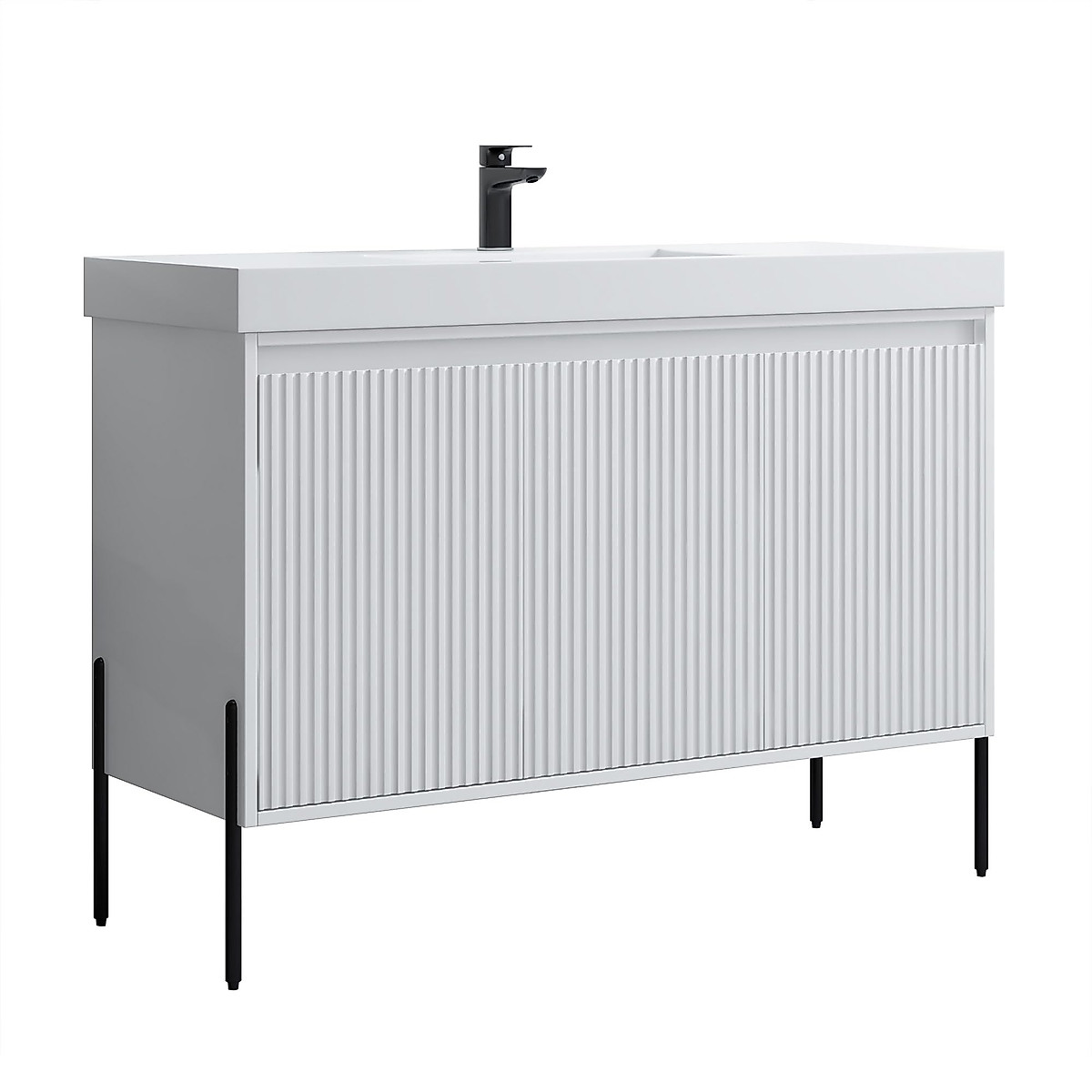 Dowell 48" Fluted Design Vanity Set – Modern Glossy White Bathroom Cabinet with Soft-Close Doors & Shelves, Single Resin Basin, and Black Legs | 002 48 21KD/4818BPS