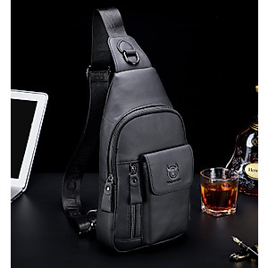 BULLCAPTAIN Men Genuine Leather Shoulder Sling Bag Daypack Casual Multi- pocket Crossbody Chest Bag Travel Hiking Backpacks (Black)
