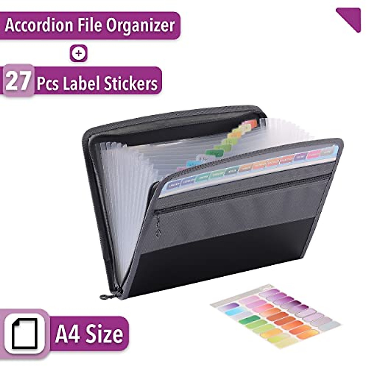 Mr. Pen- Accordion File Organizer, 13 Pockets, Black, Letter A4 Paper Document Accordion Folder, Expanding File Folder with Sticky Labels, Accordion File Folder Document Organizer