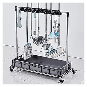 Movable Mop Broom Holder Utility Floor Standing Cleaning Tool Cart,Housekeeping Cart,Stainless Steel Mop Rack Umbrella Storage Stand ,with Universal Wheels,for Garden,Garage,Factories,Restaurant ( Siz