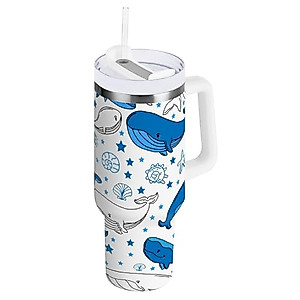 DIGTIA Stainless Steel Insulated Tumbler w/Handle & Straw, Blue White Whales Double Wall Vacuum Travel Coffee Mug Cup w/Lid, Leak-Proof Sports Ocean Water Bottle,30oz