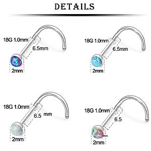 Kridzisw 18G Nose Rings for Women Stainless Surgical Steel Opal Diamond Silver Nose Ring Studs Corkscrew Screw Twist Spiral Nose Nostril Piercing Studs Hook Piercing Jewelry for Women Men 1.5mm