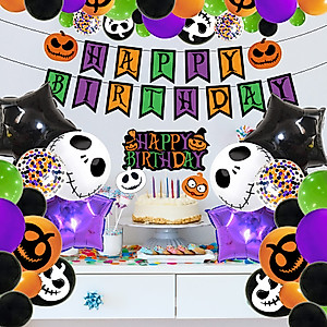 Halloween Birthday Party Decorations Banner 78PCS with Hppy Birthday Banner Balloons Cake Tooper Foil Curtains Halloween Themed Birthday Decorations for Kids First Birthday Decorations Party Supplies
