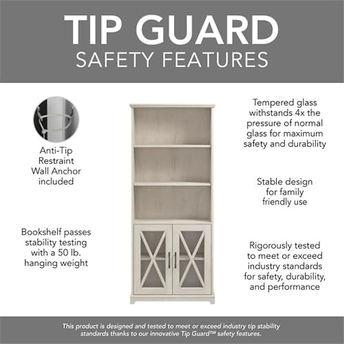 Bush Furniture Lennox Tall 5 Shelf Bookcase with Glass Doors in Linen White Oak | Farmhouse Bookshelf Cabinet for Living Room and Home Office