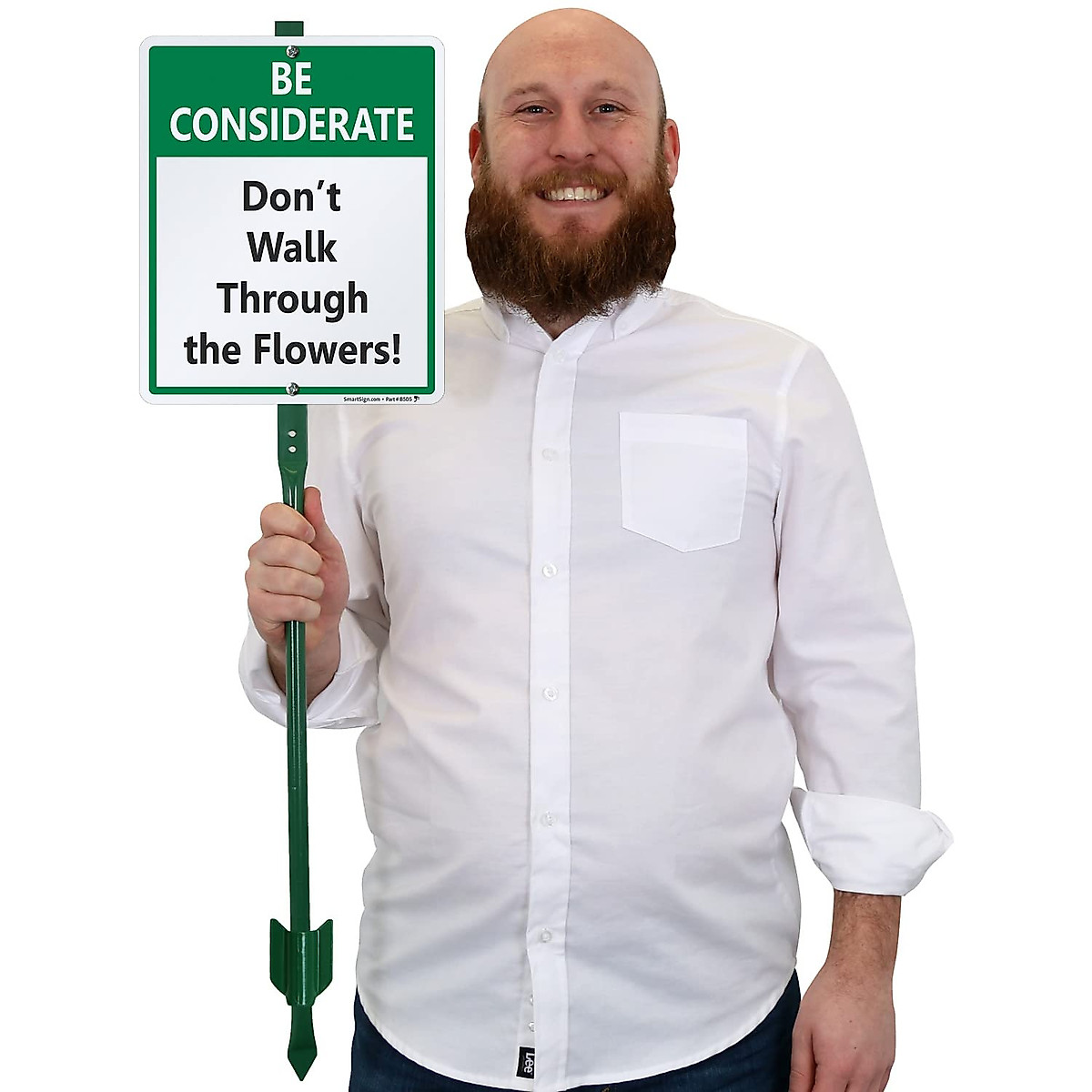 SmartSign 12 x 10 inch “Be Considerate - Don’t Walk Through The Flowers” LawnBoss Yard Sign with 3 foot Stake, 40 mil Laminated Rustproof Aluminum, Green, Black and White, Set of 1, Made in USA