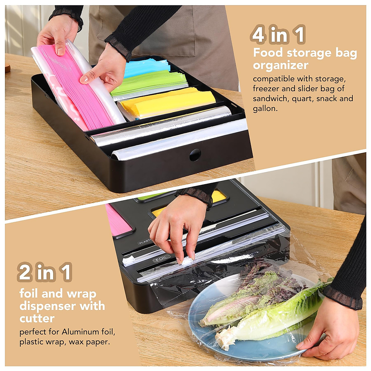 CiWiVOKi Storage Bag Organizer for Drawer, 6 in 1 Foil and Plastic Wrap Dispenser with Cutter, Plastic Kitchen Organizers and Storage for Sandwich Snack Gallon Quart Bags and 12" Aluminum Foil, Black