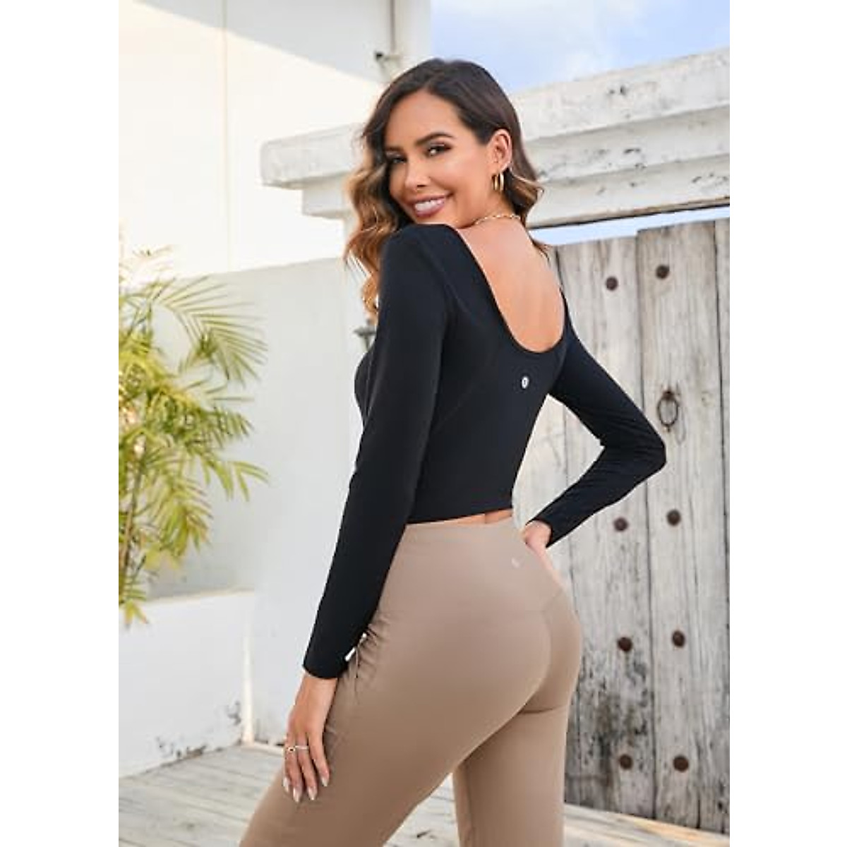 BALEAF Nuleaf Scoop Neck Long Sleeve Crop Top for Women Slim Fit Workout Shirts Tight Base Layer Athletic Gym Casual Black M