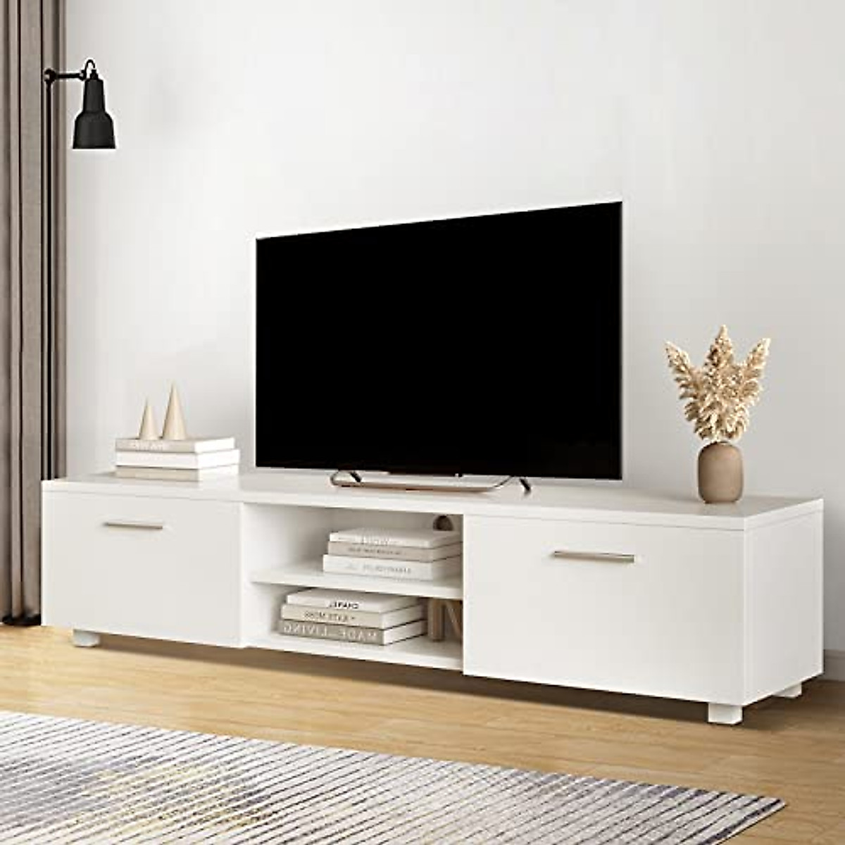 Noskatu Modern TV Stand with 2 Storage Cabinets Entertainment Center for 65 inch TV Simple Television Media Console Table with 2 Open Shelves Wood TV Unit for Home Living Room Bedroom White