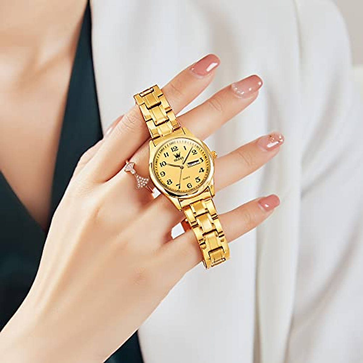 OLEVS Women's Gold Watches Small Wrist Quartz Watches for Women Yellow Gold Face Stainless Steel Bracelet Big Arabic Numerals Women Watches with Day and Date Casual Watches for Women Relojes De Mujer