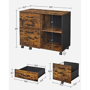 VASAGLE Lateral File Cabinet, Home Office Printer Stand, with 3 Drawers and Open Storage Shelves, for A4, Letter-Size Documents, Rustic Brown + Black