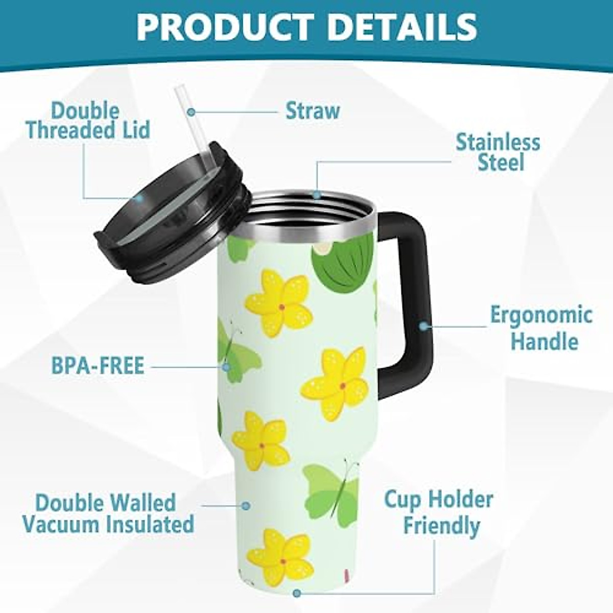Exnundod Summer Exotic Flower Coconut Tumbler with Handle 30oz and Straw Insulated Tumblers Leak-proof Water Bottle for Car Travel