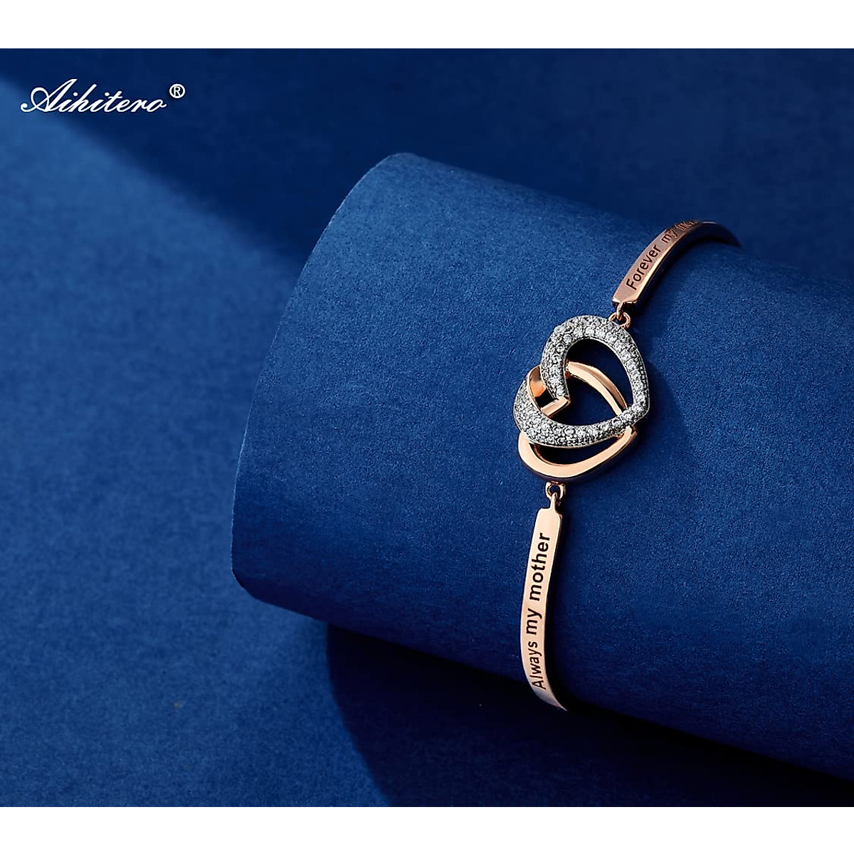 Aihitero Christmas Mom Gift, Engraved ‘Always My Mother Forever My Friend’ Interlocking Hearts Bangle Bracelet, Rose Gold Women Jewelry, Mama Mum Birthday Valentines Xmas Presents from Son Daughter