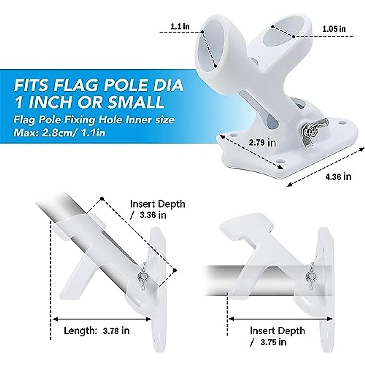 HOOPLE Flag Pole Holder for Outside House, Flag Holder, Flag Holders for Outside, Heavy Duty Flag Pole Mounting Bracket, Flag Bracket, Aluminum Rust Free Coated, Stainless Hardware 1" Diameter (White)