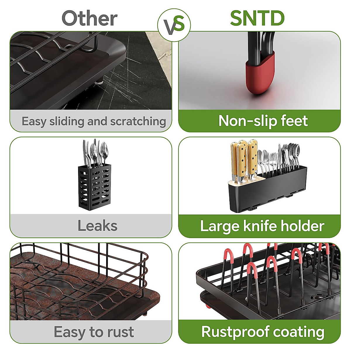 Dish Drying Rack, Auto-Drain Expandable(19.1"-26.9") Kitchen Counter Dish Drainers Rack, Stainless Steel Large Strainers Drying Rack with Drainboard Pan Holder Utensil Holder Caddy Organizer, Black