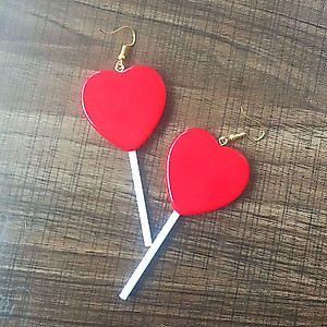 Food Sweet Cute Clear Transparent Heart Candy Resin Lollipop Earrings Resin Candy Earrings Costume Trendy Style Women Jewelry (Heart Candy Resin Lollipop Earrings-Red)