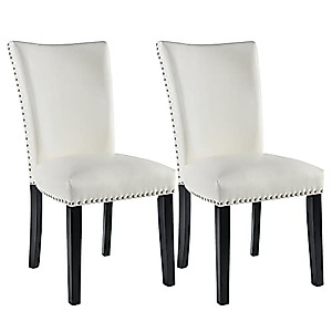 LEEMTORIG Parsons Chairs Faux Leather Dining Chairs Set of 2, Upholstered Mid Century Modern Kitchen Chairs with Nail-Head Trim, Ivory White CY-2258-WT