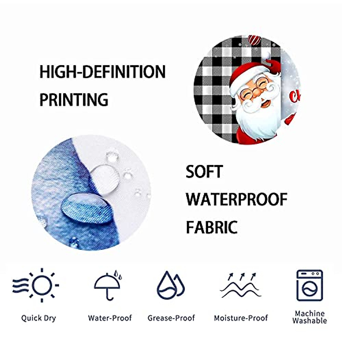 Dia Magico 4PCS Merry Christmas Shower Curtain Set, Santa Claus Xmas Balls Black White Buffalo Plaid Snowflake Holiday Country Rustic Farmhouse Bathroom Decor, Fabric Shower Curtain, Non-slip Bath Mat