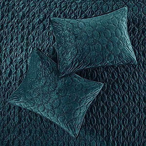 Madison Park Harper Quilt Set-Faux Velvet Casual Geometric Stitching Design All Season, Lightweight Coverlet, Cozy Bedding, Matching Shams, King/Cal King(104"x94"), Teal 3 Piece