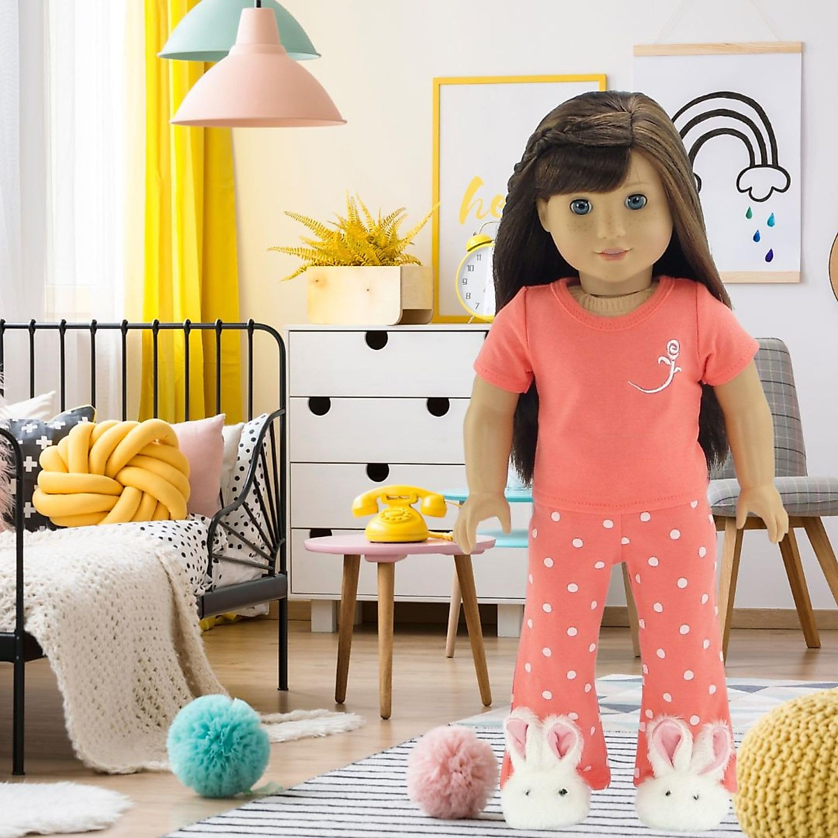 Emily Rose 18 Inch Doll Coral Polka Dot Pajamas PJs Gift Set, with 18" Doll Easter Bunny Slippers! | Gift Boxed! | Compatible with 18-in American Girl and Similar Dolls