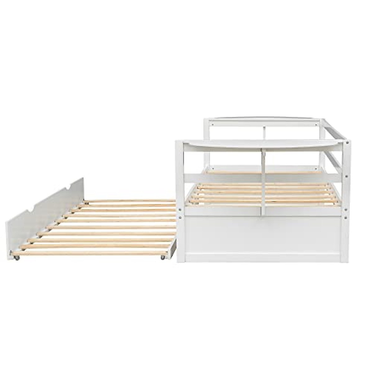 Polibi Twin Size Daybed with Trundle and Foldable Shelves on Both Sides, Wooden Sofa Bed with Wood Frame and Slats, No Spring Box Needed