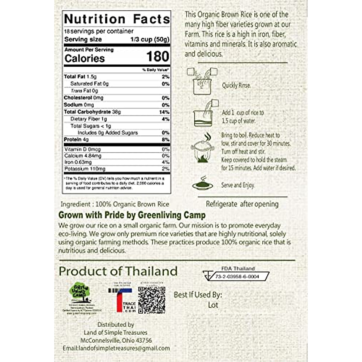 Organic Jasmine Brown Rice from Thailand - Thai Whole Grain Vegan Natural Healthy Superfood Gluten-free - 2 LB