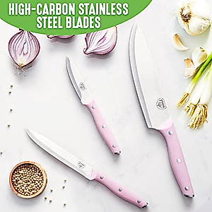 GreenLife High Carbon Stainless Steel 3 Piece Knife Set with Covers, Includes Chef Utility and Pairing, Comfort Grip Handles,Triple Rivet Cutlery, Soft Pink
