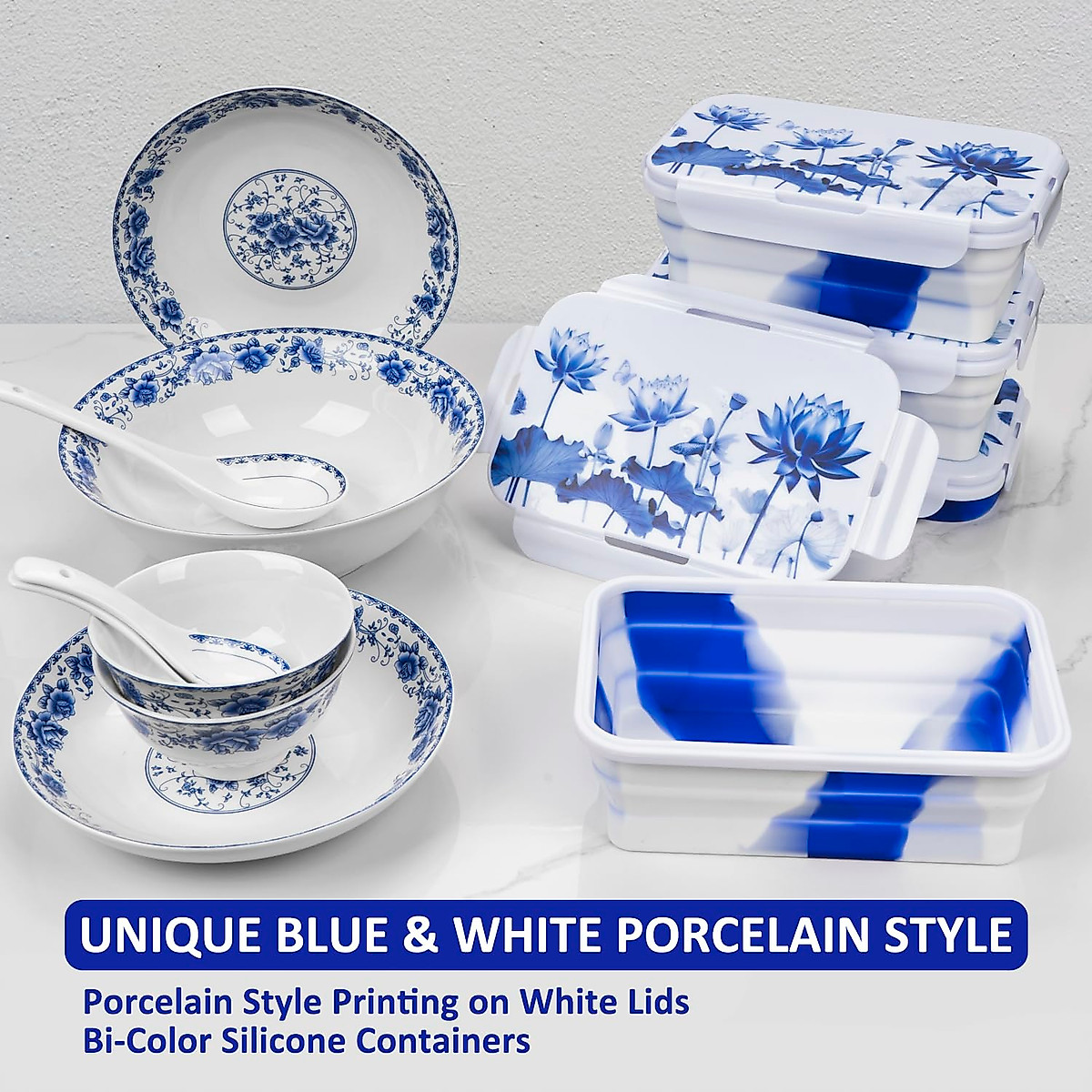 Annaklin Collapsible Food Storage Containers with Lids in Blue and White Porcelain China Style, 48oz, 4 Pack, Stackable Silicone Containers for Food Lunch, Microwave Freezer Dishwasher Safe, White